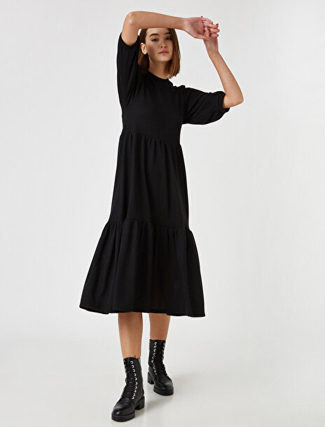 Koton Kadın Pamuklu Bisiklet Yaka Pileli Elbise