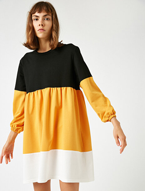 Koton Kadın Pamuklu Bisiklet Yaka Renk Bloklu Kısa Elbise