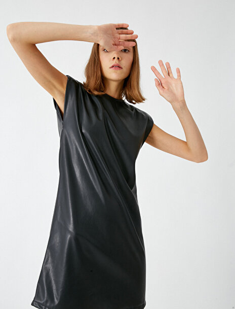 Koton Kadın Bisiklet Yaka Suni Deri Elbise