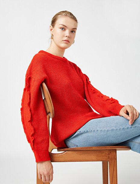 Koton Kadın Bisiklet Yaka Uzun Fırfırli Kollu Triko Kazak