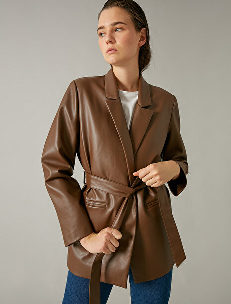 Koton Kadın Kemerli Deri Görünümlü Ceket