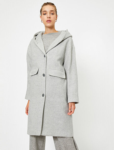 Koton Kadın Yün Karışımlı Kapüşonlu Uzun Kaban