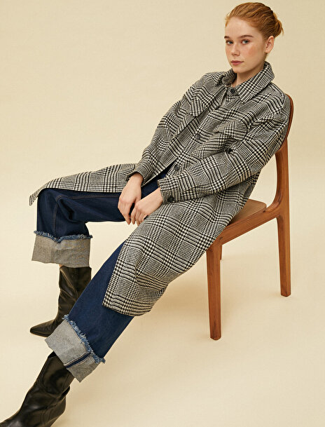 Koton Kadın Gömlek Ceket Kazayağı Desenli Uzun Kaşe