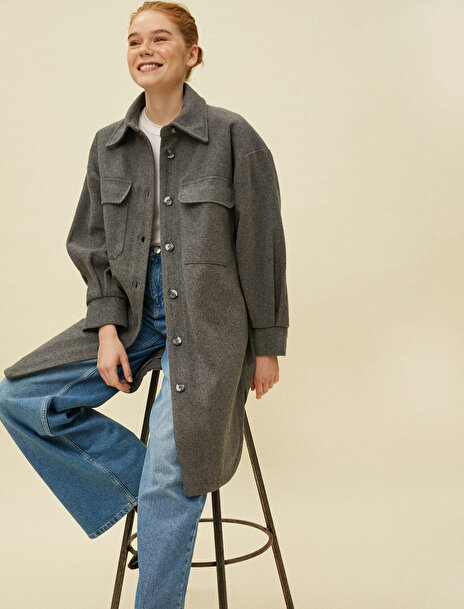 Koton Kadın Gömlek Ceket Uzun Kaşe