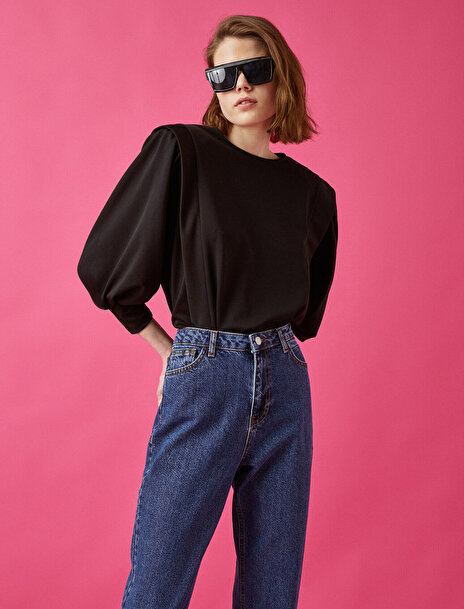 Koton Kadın Bisiklet Yaka Krep Kol Detaylı Tişört