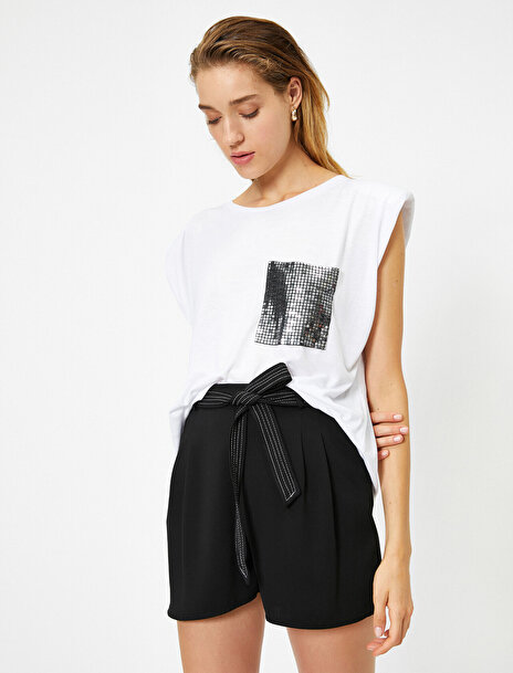 Koton Kadın Kolsuz Payetli Cep Detaylı Tişört