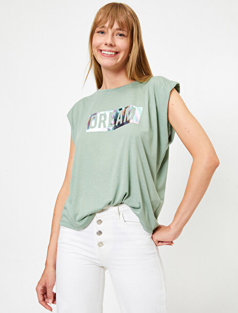 Koton Kadın Bisiklet Yaka Kolsuz Yazılı Baskılı Tişört