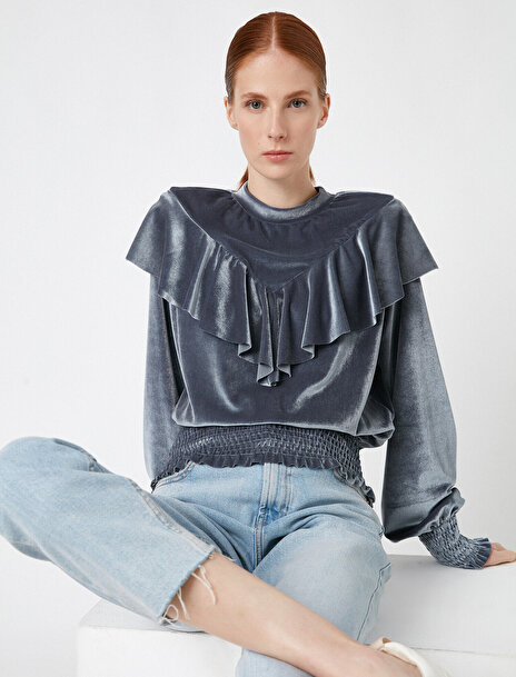 Koton Kadın Kadife Balıkçı Yaka Volanlı Bluz