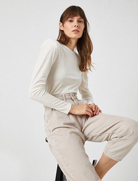 Koton Kadın Bisiklet Yaka Uzun Kollu Kadife Tişört