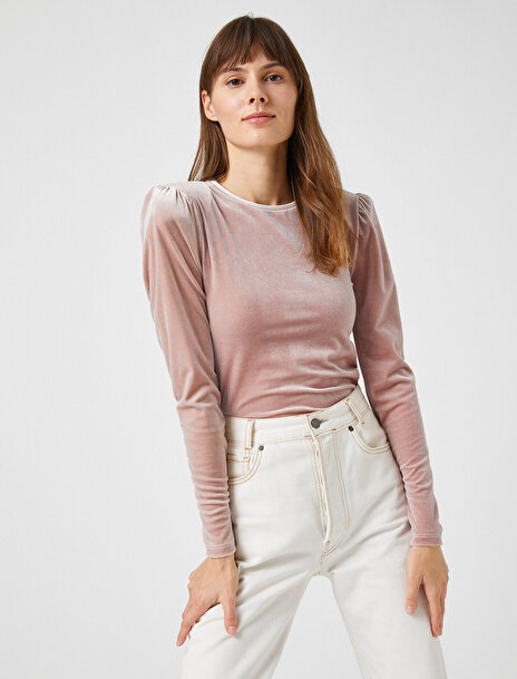 Koton Kadın Bisiklet Yaka Uzun Kollu Kadife Tişört