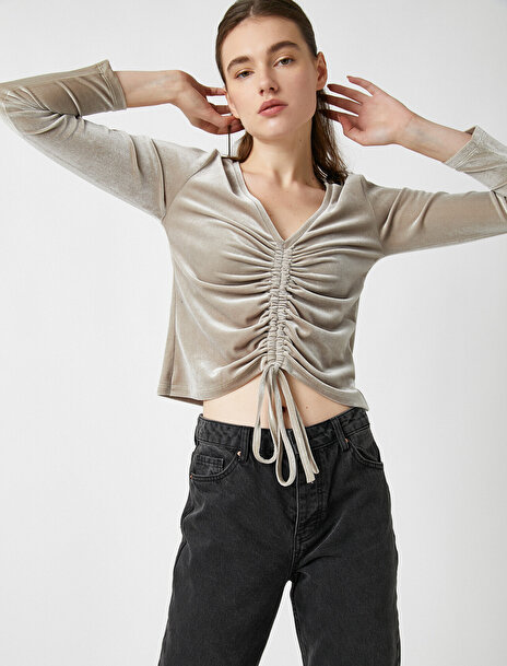 Koton Kadın V Yaka Uzun Kollu Büzgülü Tişört