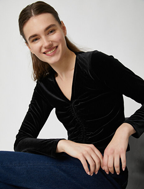 Koton Kadın V Yaka Uzun Kollu Büzgülü Tişört