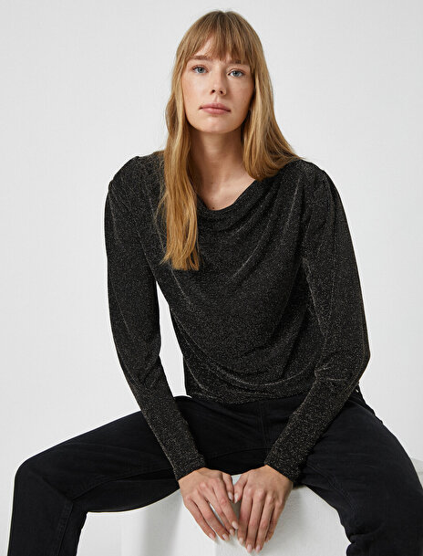 Koton Kadın Drape Yaka Uzun Kollu Metalik Detaylı Tişört