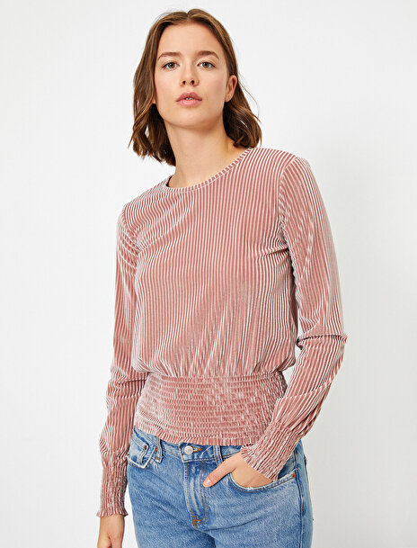 Koton Kadın Kadife Pileli Uzun Kollu Bisiklet Yaka T-Shirt