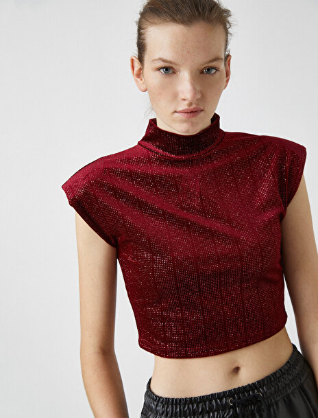 Koton Kadın Vatkalı Dik Yaka Simli Çizgili Tişört