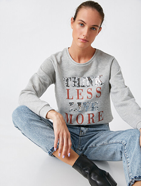Koton Kadın Bisiklet Yaka Payetli Slogan Baskılı Sweatshirt