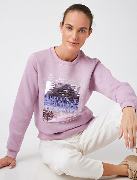 Koton Kadın Bisiklet Yaka Payetli Yazılı Baskılı Sweatshirt