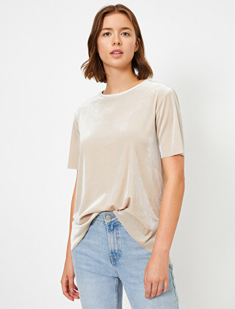 Koton Kadın Kadife Kısa Kollu Bisiklet Yaka T-Shirt