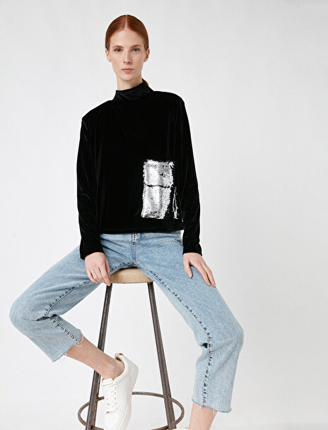 Koton Kadın Balıkçı Yaka Kadife Payet Detaylı Bluz