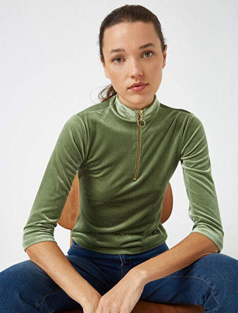 Koton Kadın Dik Yaka Fermuar Detaylı Tişört