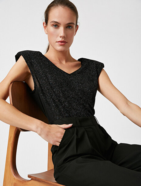 Koton Kadın Vatkalı V Yaka Metalik Bluz