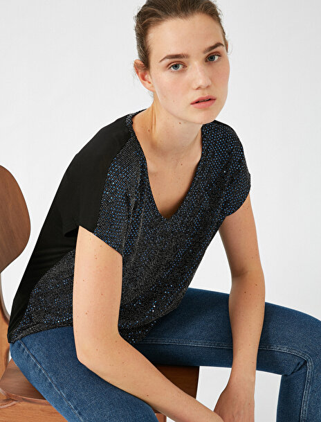 Koton Kadın Kısa Kollu Pullu Tişört