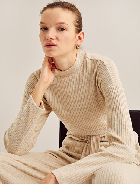 Koton Kadın Kemerli Bisiklet Yaka Uzun Kazak