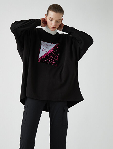 Koton Kadın Pamuklu Yazılı Baskılı Pullu Bisiklet Yaka Tunik