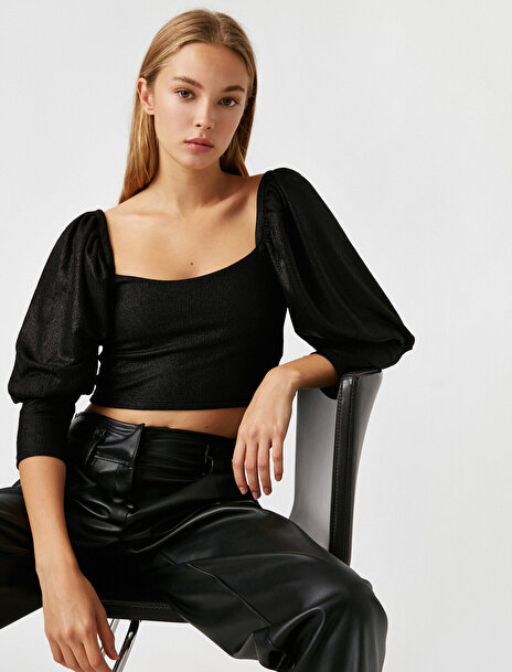 Koton Kadın Balon Kol Crop Bluz