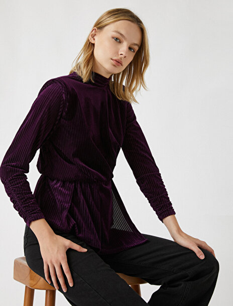 Koton Kadın Vatkalı Kadife Pileli Uzun Kollu Bluz