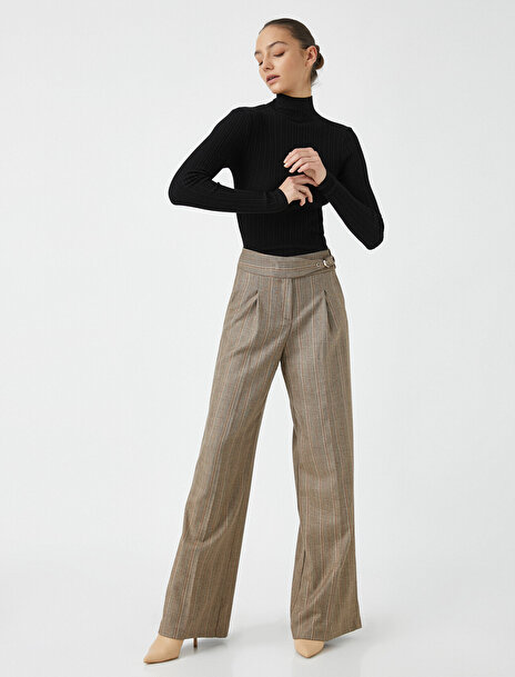 Koton Kadın Genis Paça Çizgili Kemer Detayli Pantolon