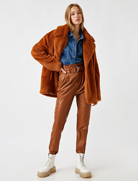 Koton Kadın Kemerli Deri Görünümlü Pantolon