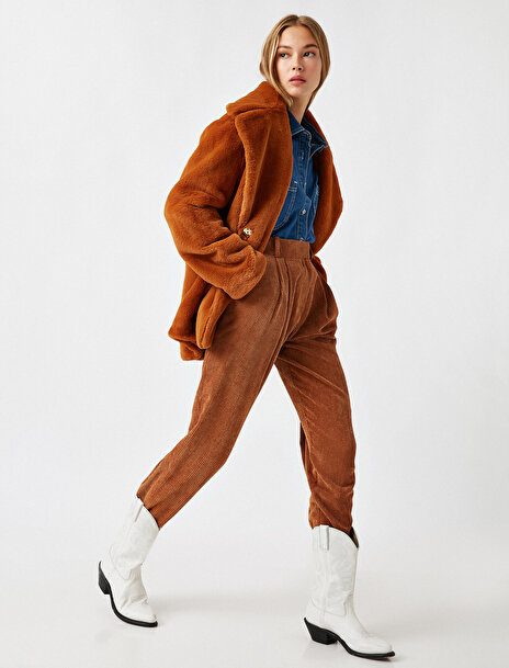Koton Kadın Yüksek Bel Oversize Fitilli Kadife Slouchy Pantolon