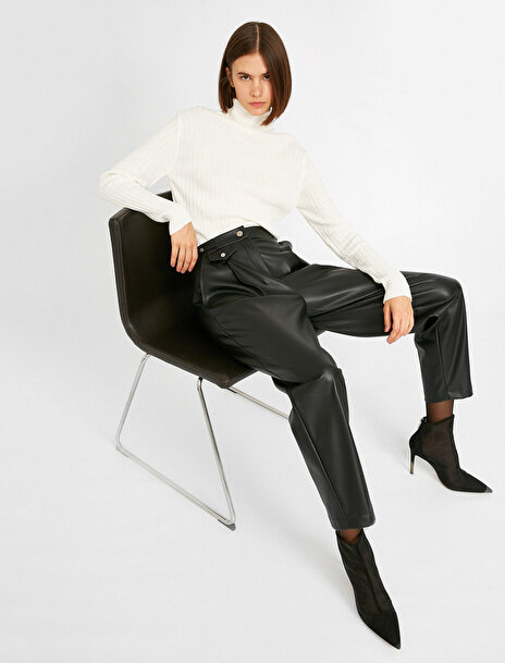 Koton Kadın Deri Görünümlü Cepli Pantolon