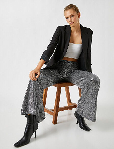 Koton Kadın Yüksek Bel Payetli Geniş Paça Pantolon