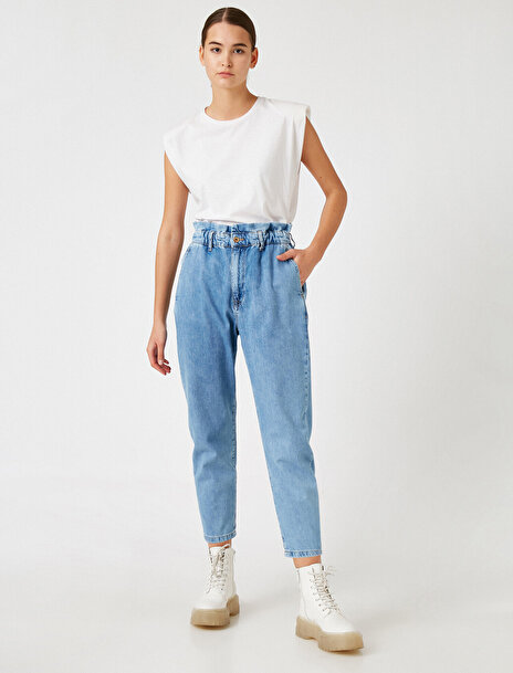 Koton Kadın Yüksek Bel Rahat Kesim Beli Lastikli Kot Pantolon - Baggy Jean