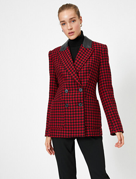 Koton Kadın Suni Deri Detaylı Kazayağı Desenli Ceket