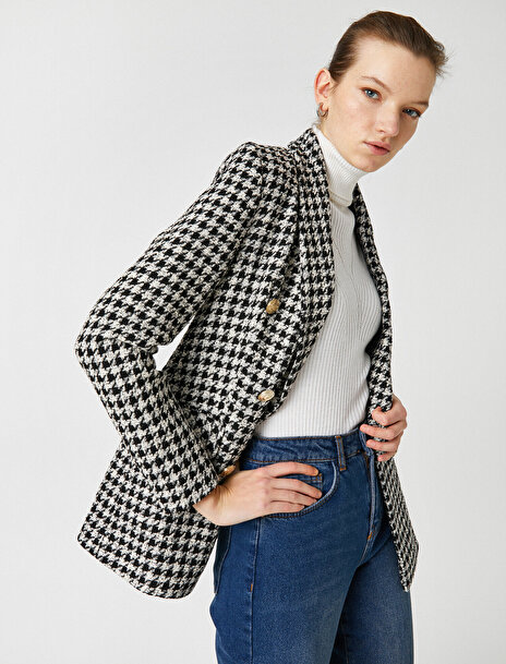 Koton Kadın Kazayağı Desenli Düğme Detaylı Ceket