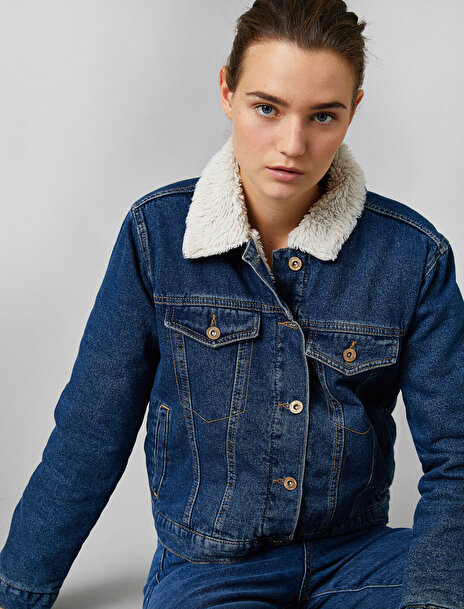 Koton Kadın Suni Kürk Yakalı Kot Ceket