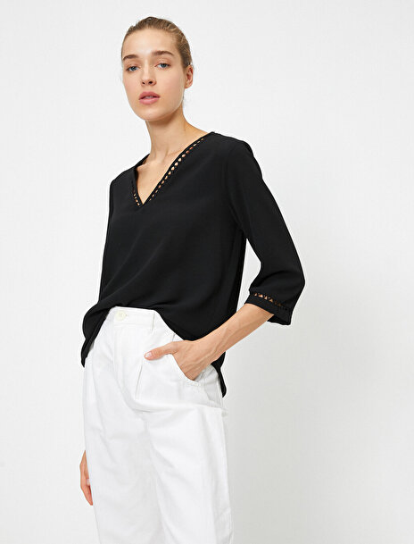 Koton Kadın V Yaka 3/4 Kol Brode Bluz