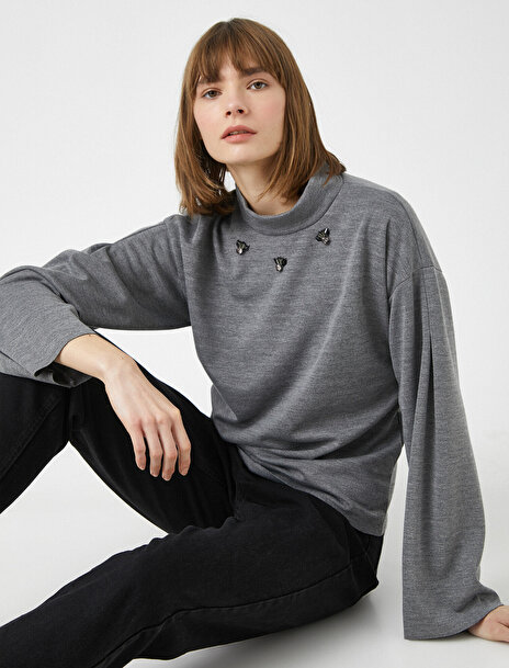 Koton Kadın Boncuklu Dik Yaka Uzun Kollu Sweatshirt