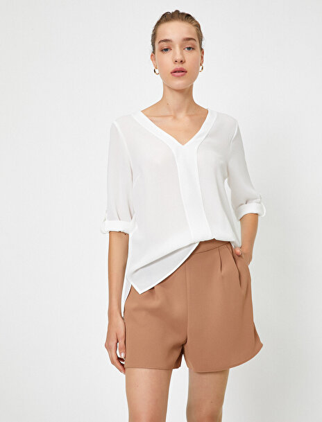 Koton Kadın V Yaka 3/4 Kol Biye Detaylı Krep Bluz