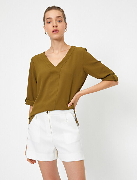 Koton Kadın V Yaka 3/4 Kol Biye Detaylı Krep Bluz