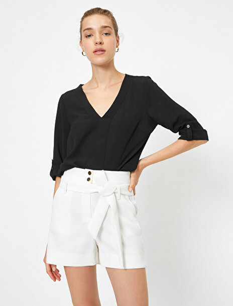 Koton Kadın V Yaka 3/4 Kol Biye Detaylı Krep Bluz