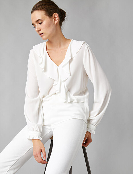 Koton Kadın Uzun Kollu V Yaka Volanlı Bluz