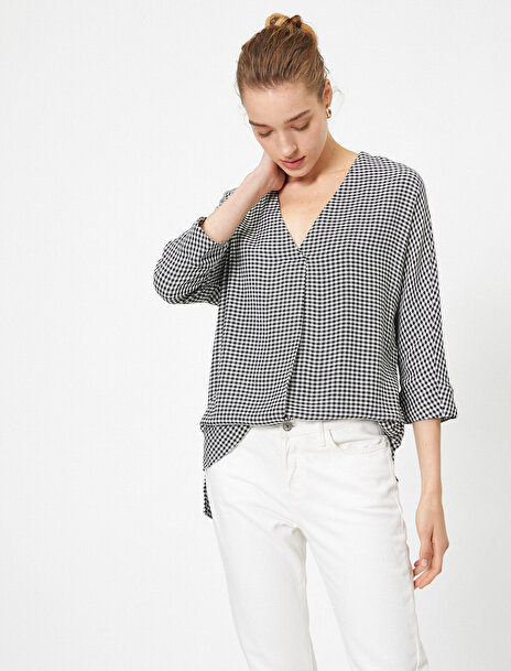 Koton Kadın V Yaka Uzun Kollu Ekoseli Bluz