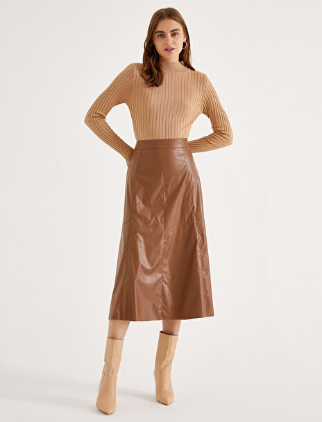 Koton Kadın Deri Görünümlü Midi Etek
