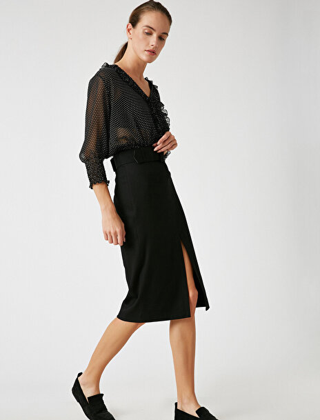 Koton Kadın Yüksek Bel Kemerli Yırtmaçlı Etek