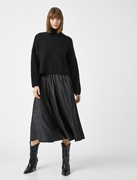 Koton Kadın Yüksek Bel Pileli Deri Görünümlü Etek