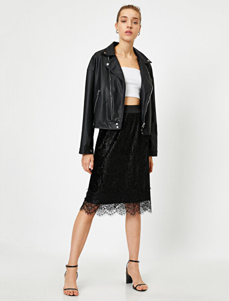 Koton Kadın Pileli Dantelli Kadife Etek